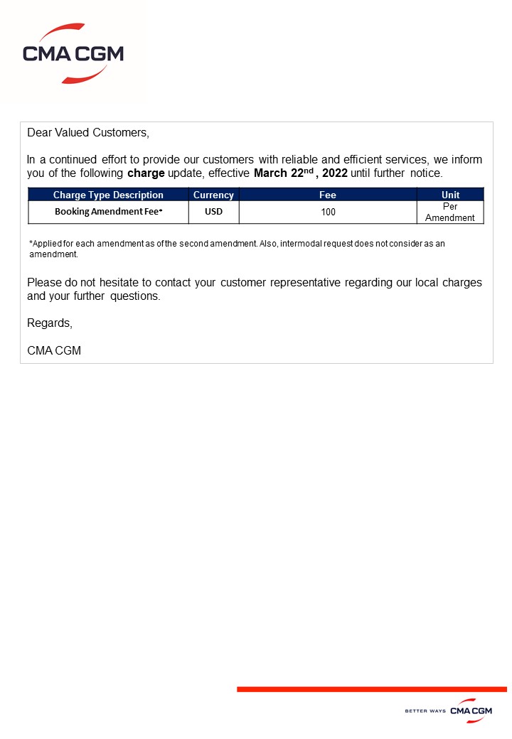 CMA CGM | Booking Amendment Fee Update
