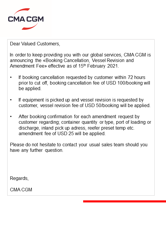CMA CGM | Booking Cancellation and Amendment Fee