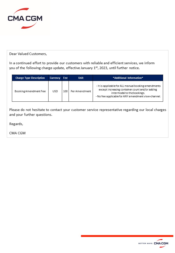 CMA CGM | Booking Revizesi Ücreti Güncelleme