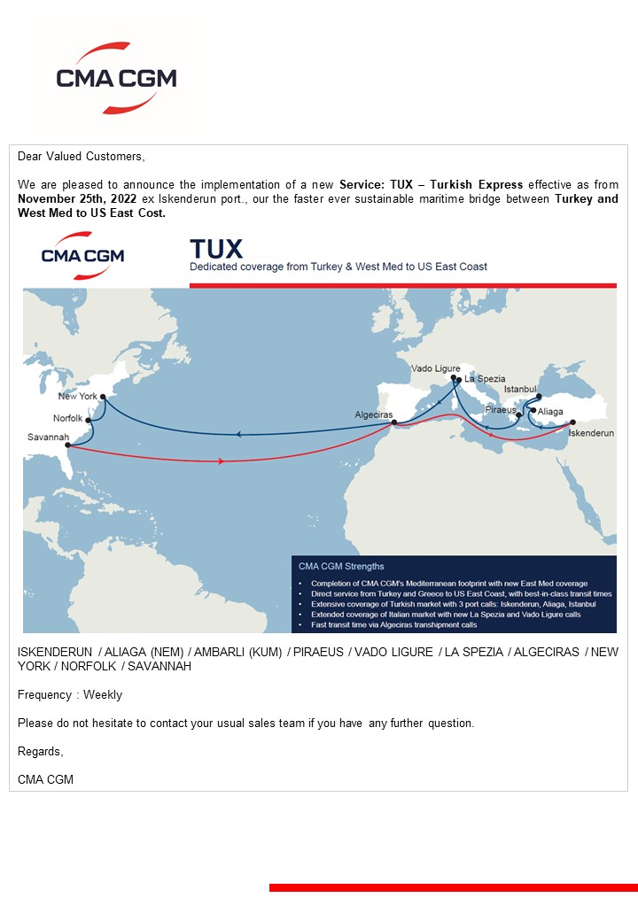 CMA CGM | New TUX – TURKISH EXPRESS Service